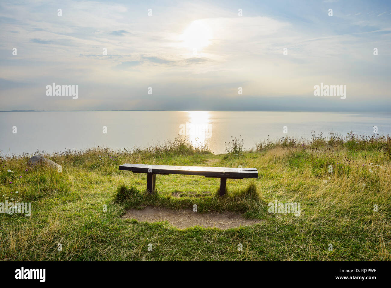 Shoreline with Sun and Bench in Summer, Fyns Hoved, Hindsholm ...