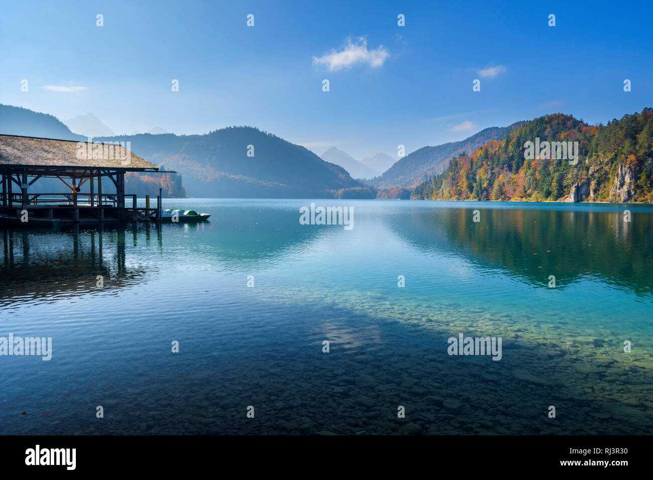 Lake Alpsee with boathouse in autumn, Fussen, Swabia, Allgau, Bavaria ...
