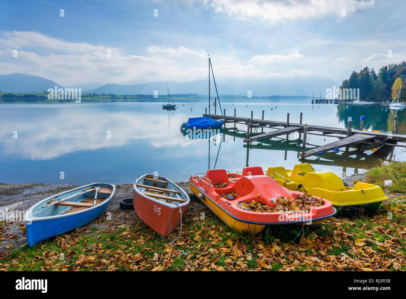 Colorful Boats, Lake Forggensee, Dietringen, Swabia, Allgau, Bavaria ...