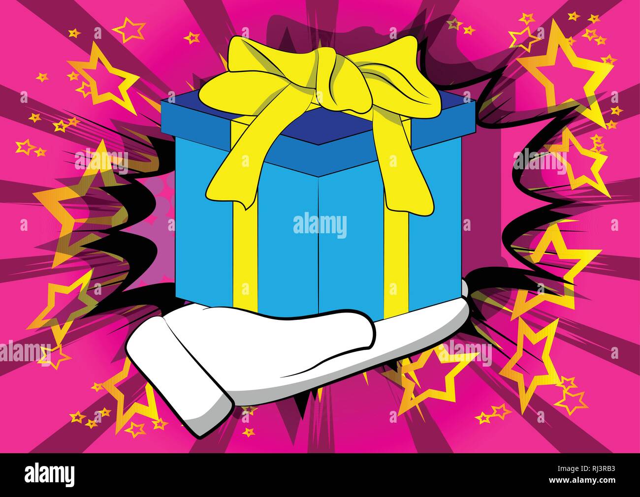 Vector cartoon hand holding big gift box. Illustrated holiday sign on ...