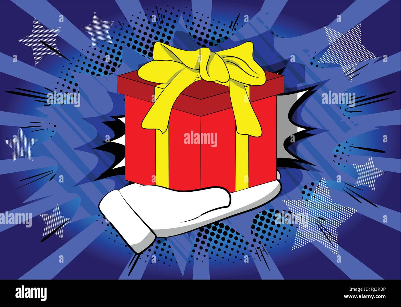Vector cartoon hand holding big gift box. Illustrated holiday sign on ...