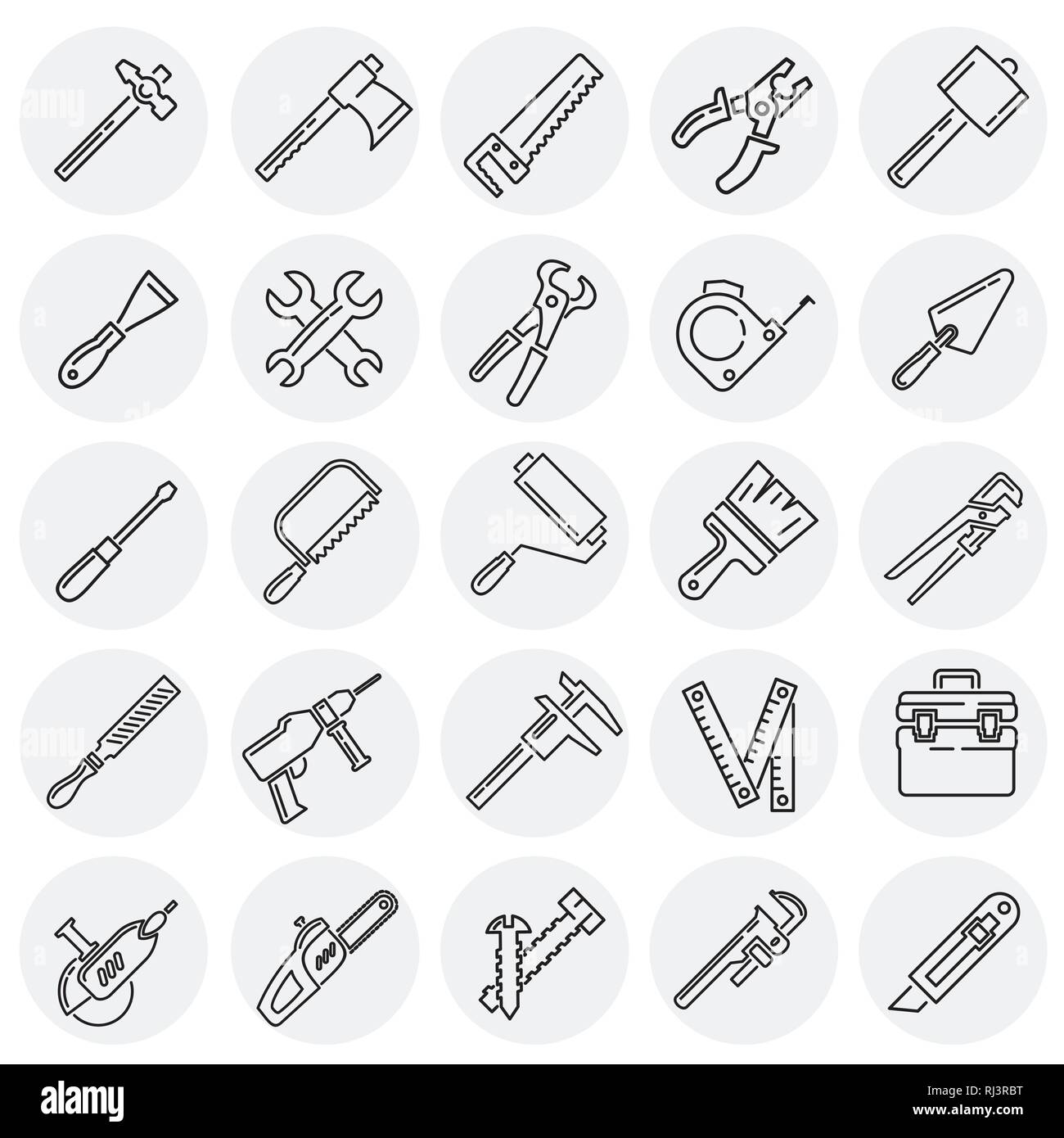 Tools icons line set on circles background for graphic and web design ...