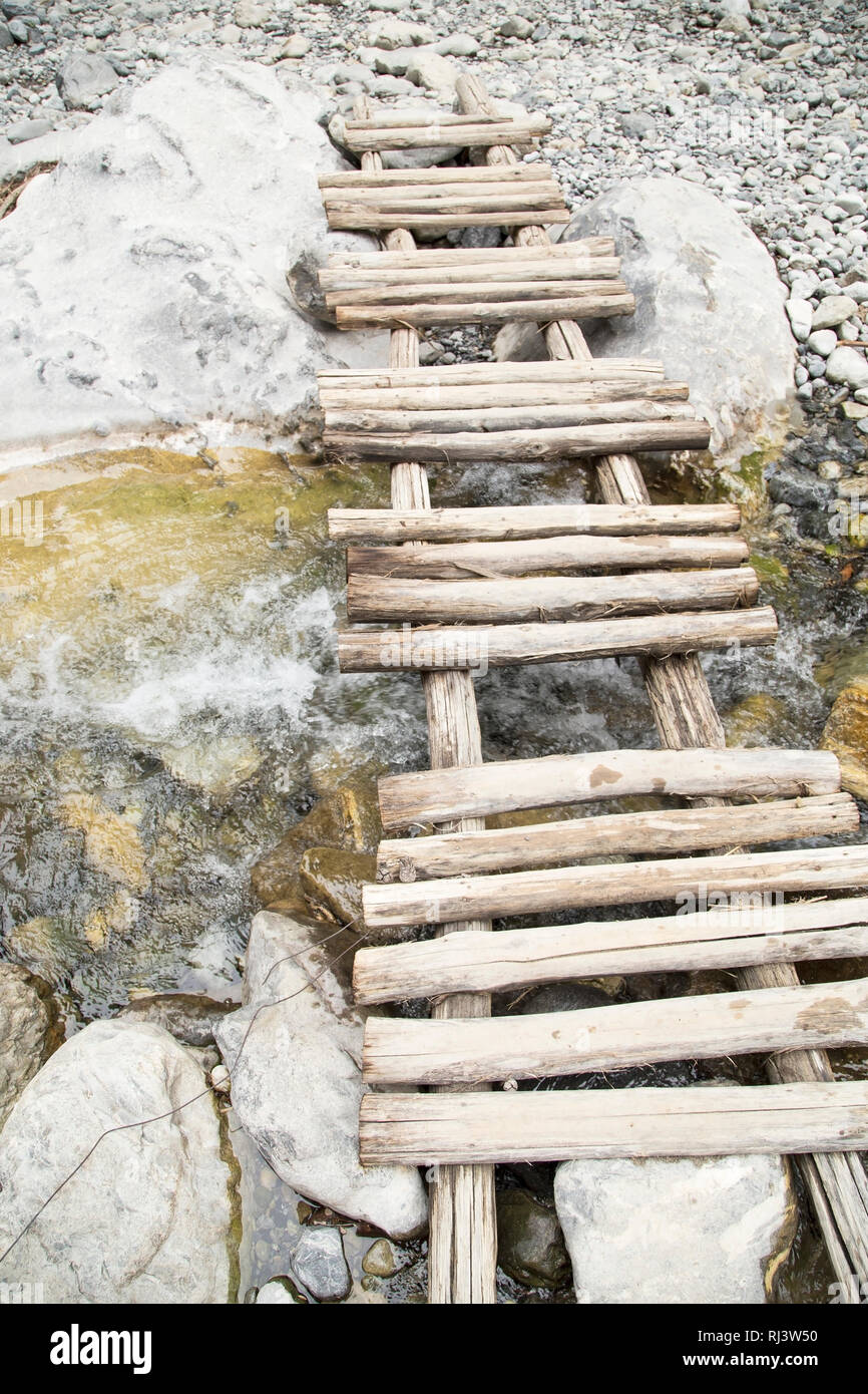 Small wooden bridge over the river in Samaria Gorge at Crete, Greece ...