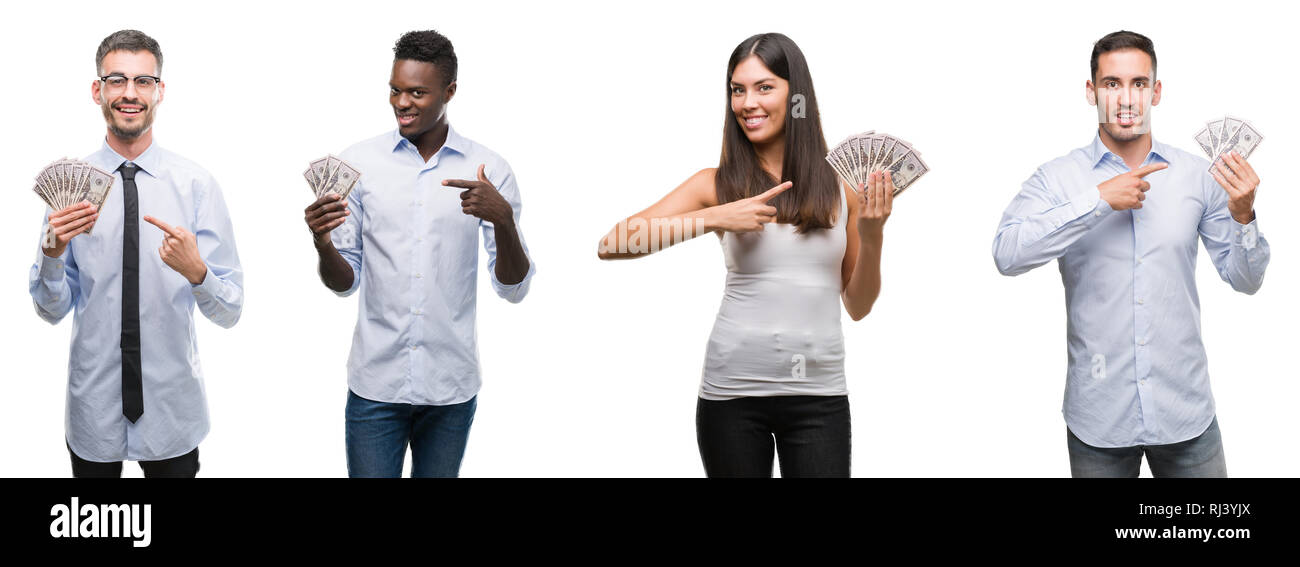 Collage of group team of workers holding bank notes dollars over ...