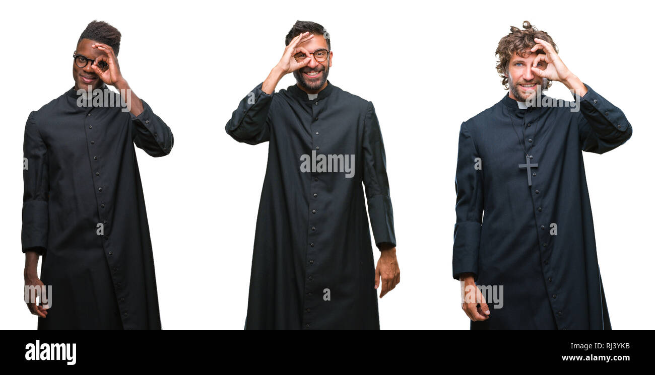 Collage of christian priest men over isolated background doing ok ...