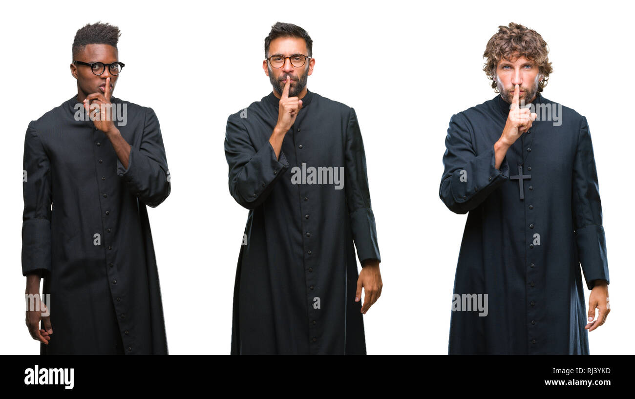 Collage of christian priest men over isolated background asking to be ...