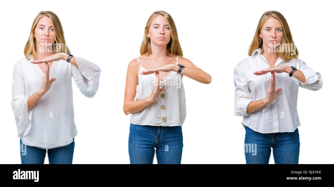 Collage of beautiful blonde woman over white isolated background Doing ...