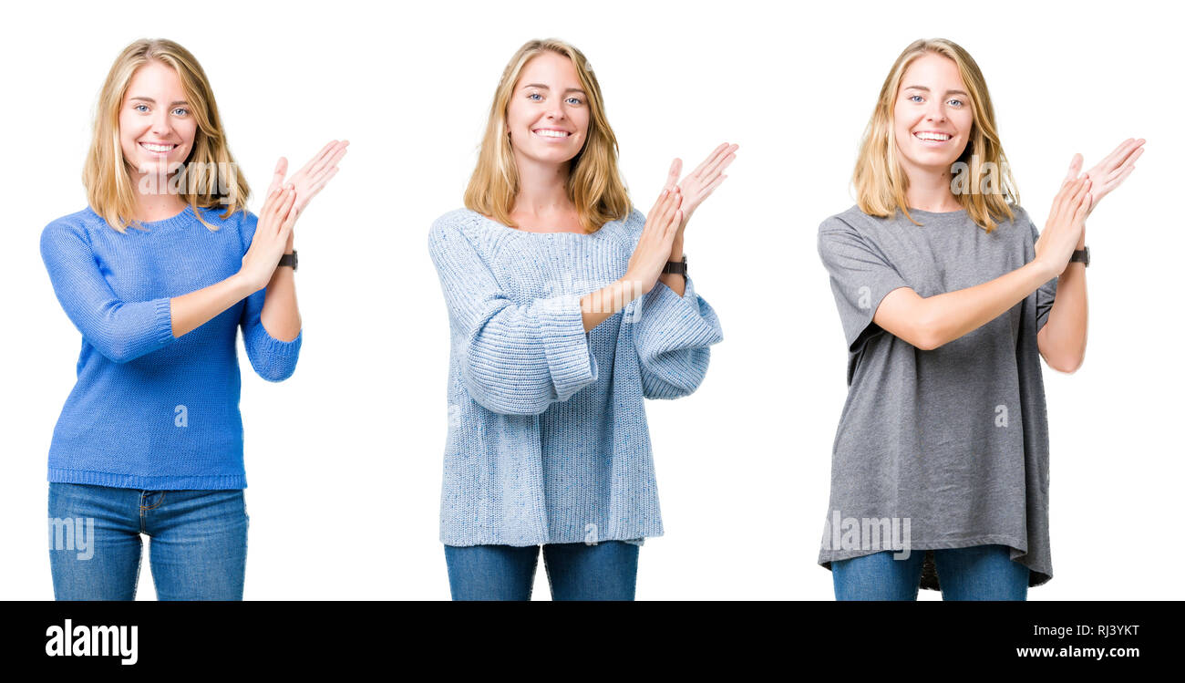 Collage of beautiful blonde woman over white isolated background ...