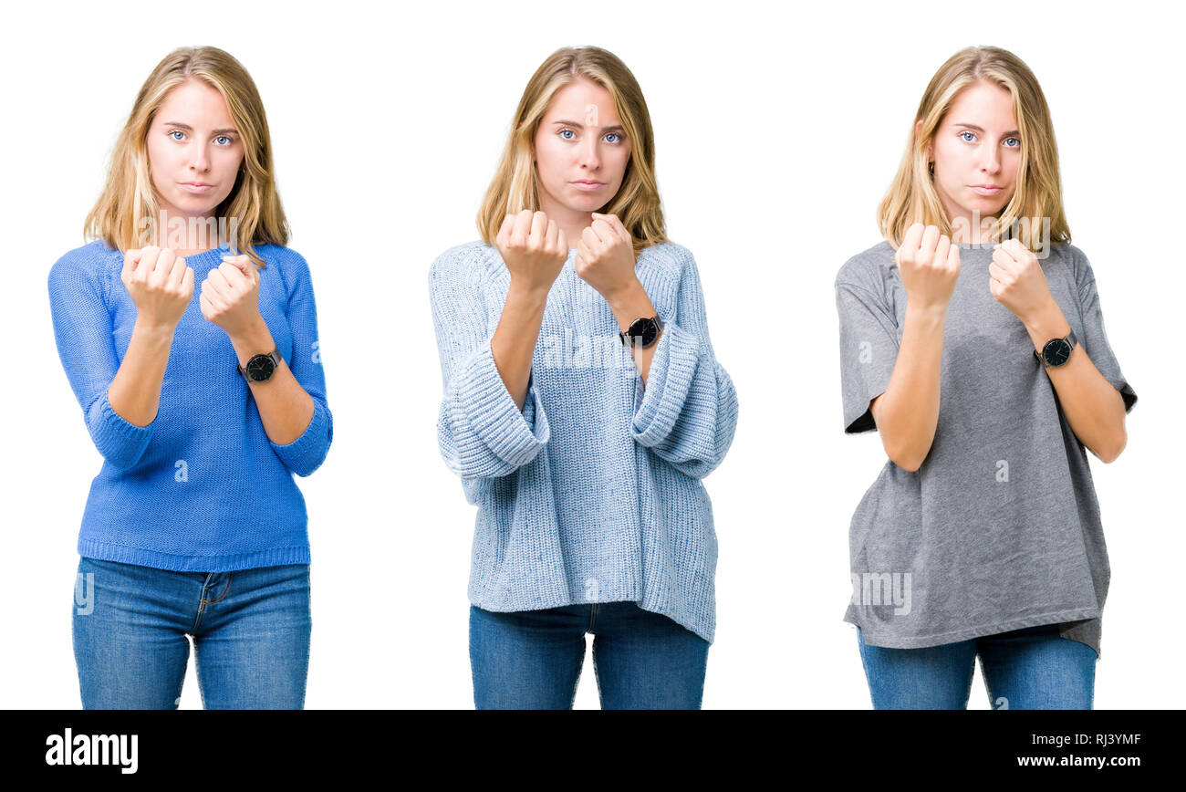 Collage of beautiful blonde woman over white isolated background Ready ...