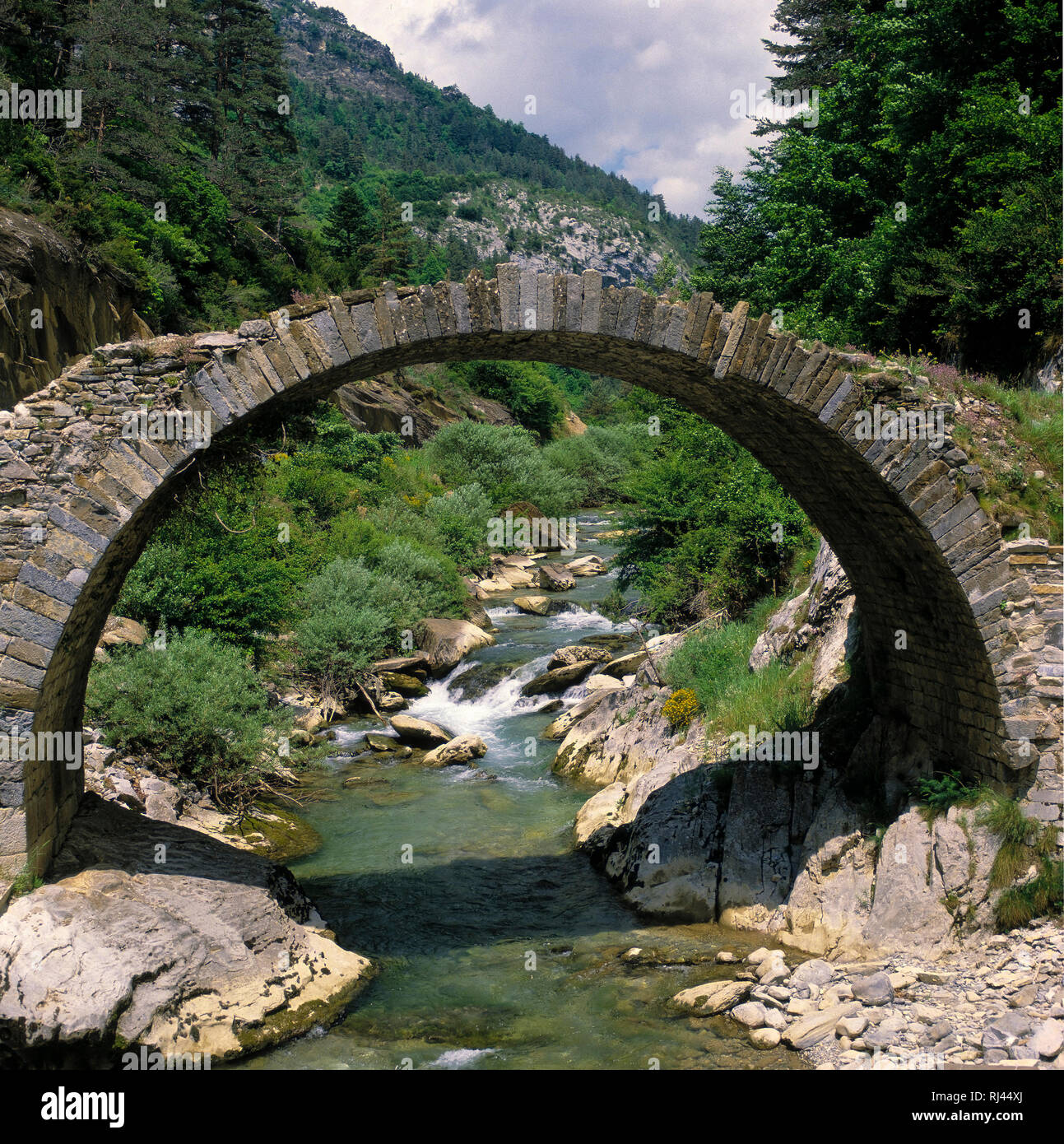 Old Bridge in the Pyrenees, Roncal Valley, Navarra, Spain Stock Photo ...