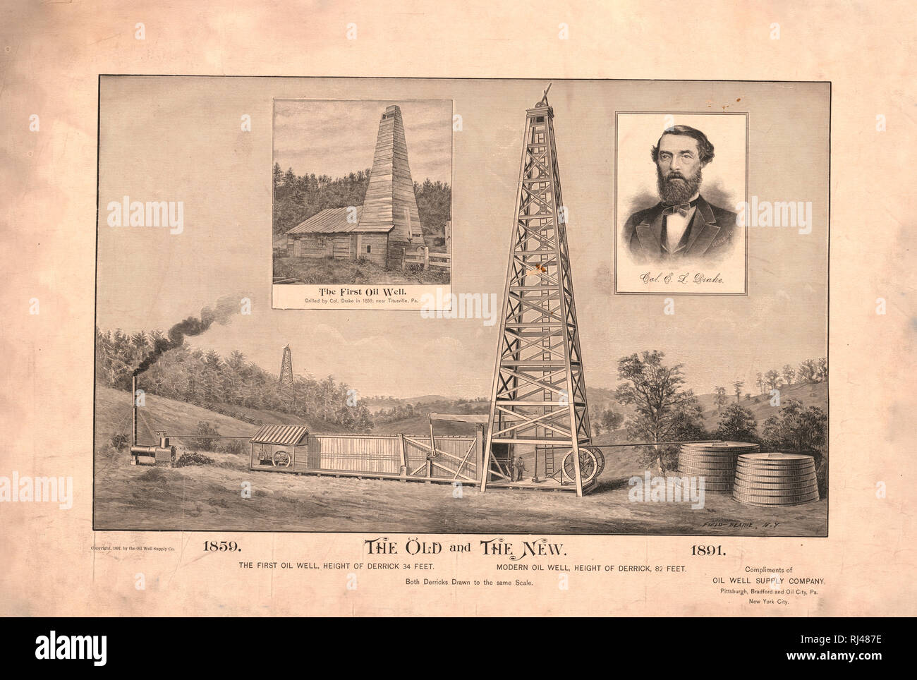 The old and the new., the first oil well..., modern oil well ...