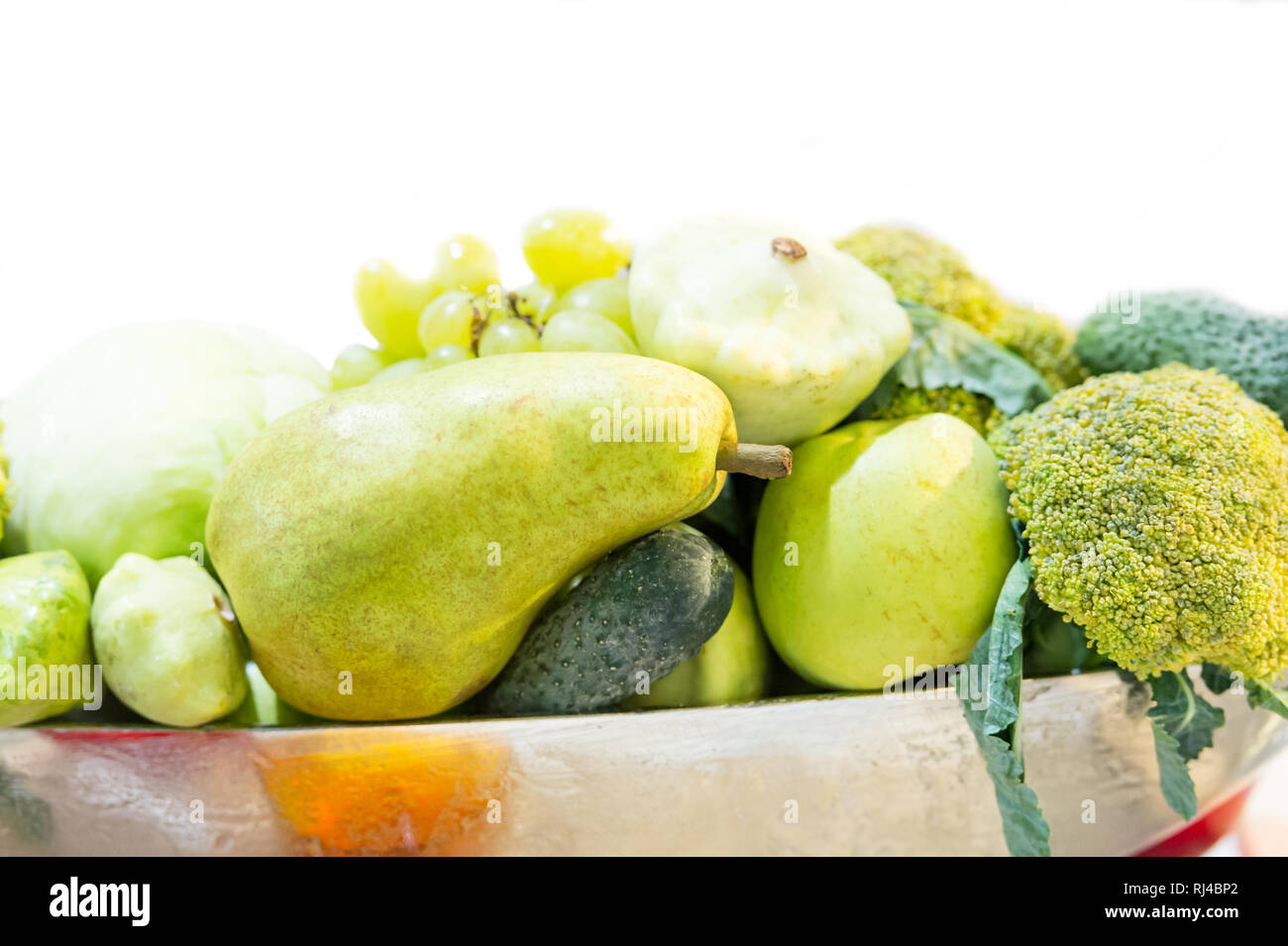 composition with assorted green fruit and vegetables of pear apple ...