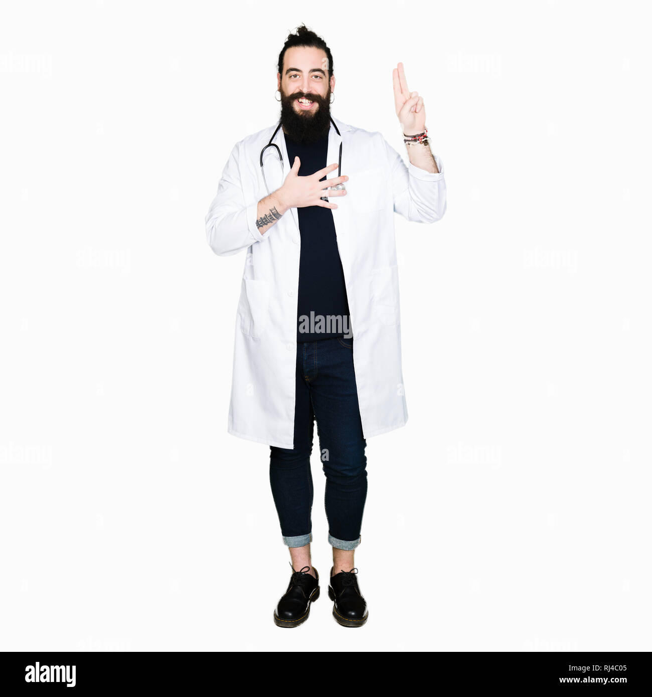Doctor with long hair wearing medical coat and stethoscope Swearing ...