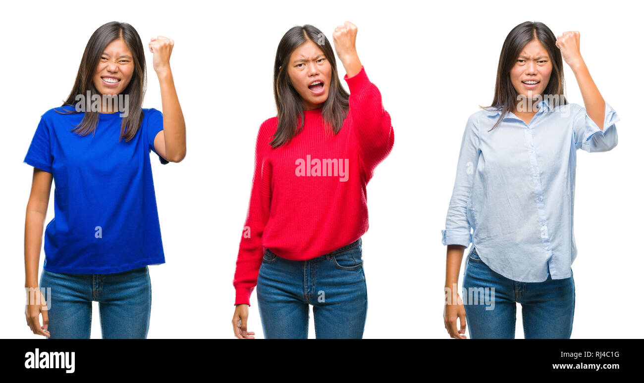 Collage of asian young woman standing over white isolated background ...