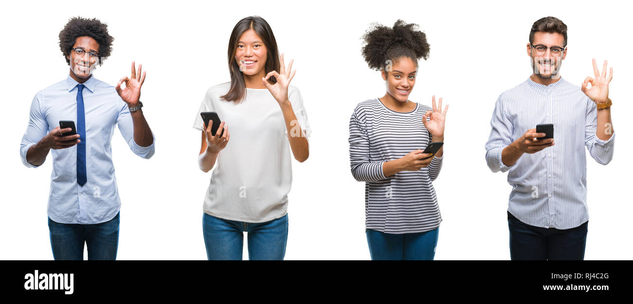 Collage of people texting sending message using smartphone over ...