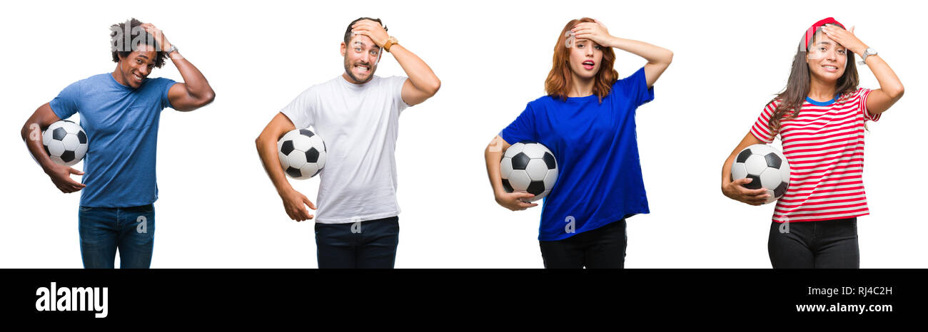 Collage of people holding football soccer ball over isolated background ...