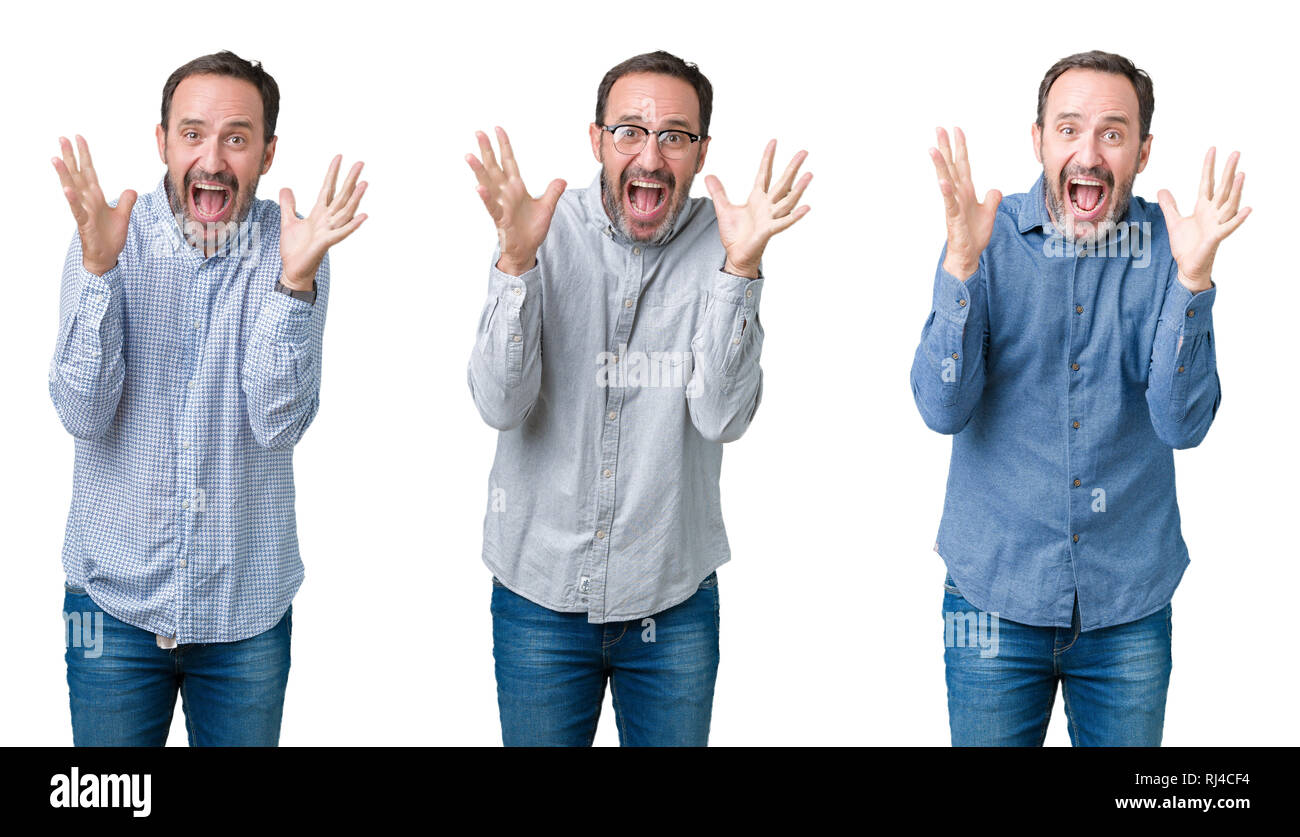 Collage of handsome senior business man over white isolated background ...