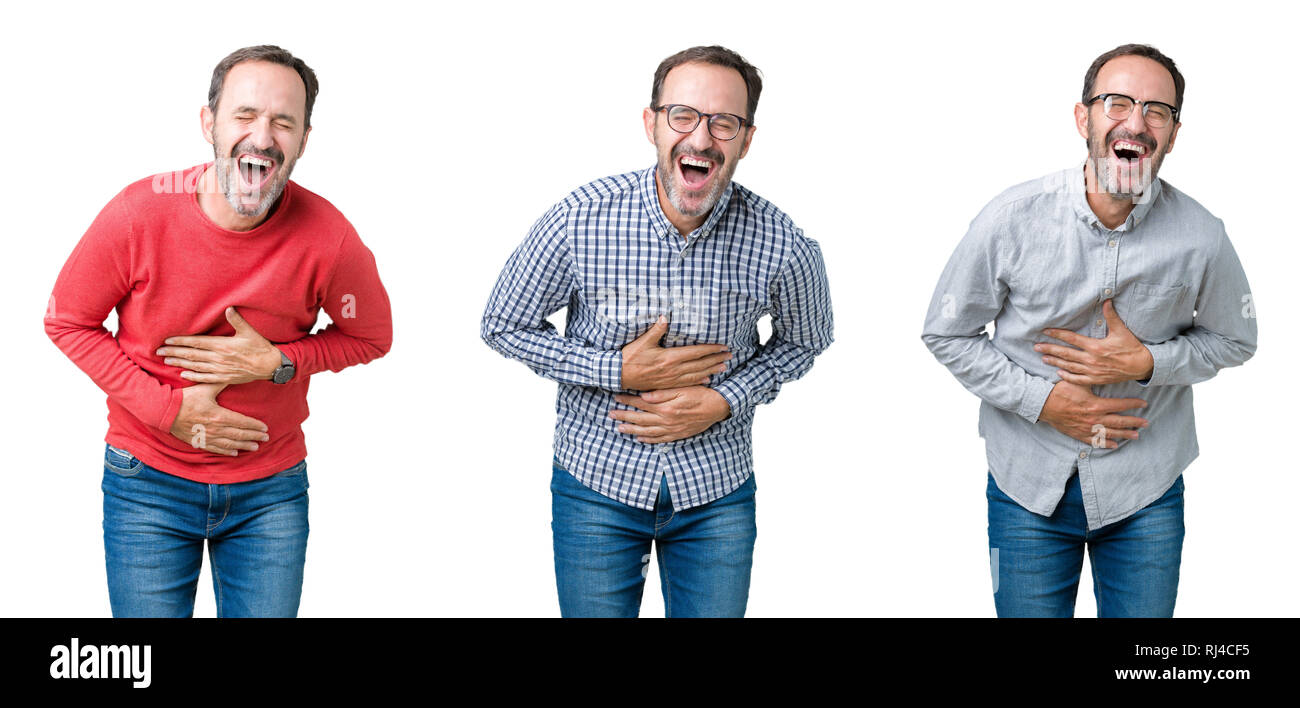 Collage of handsome senior man over white isolated background Smiling ...