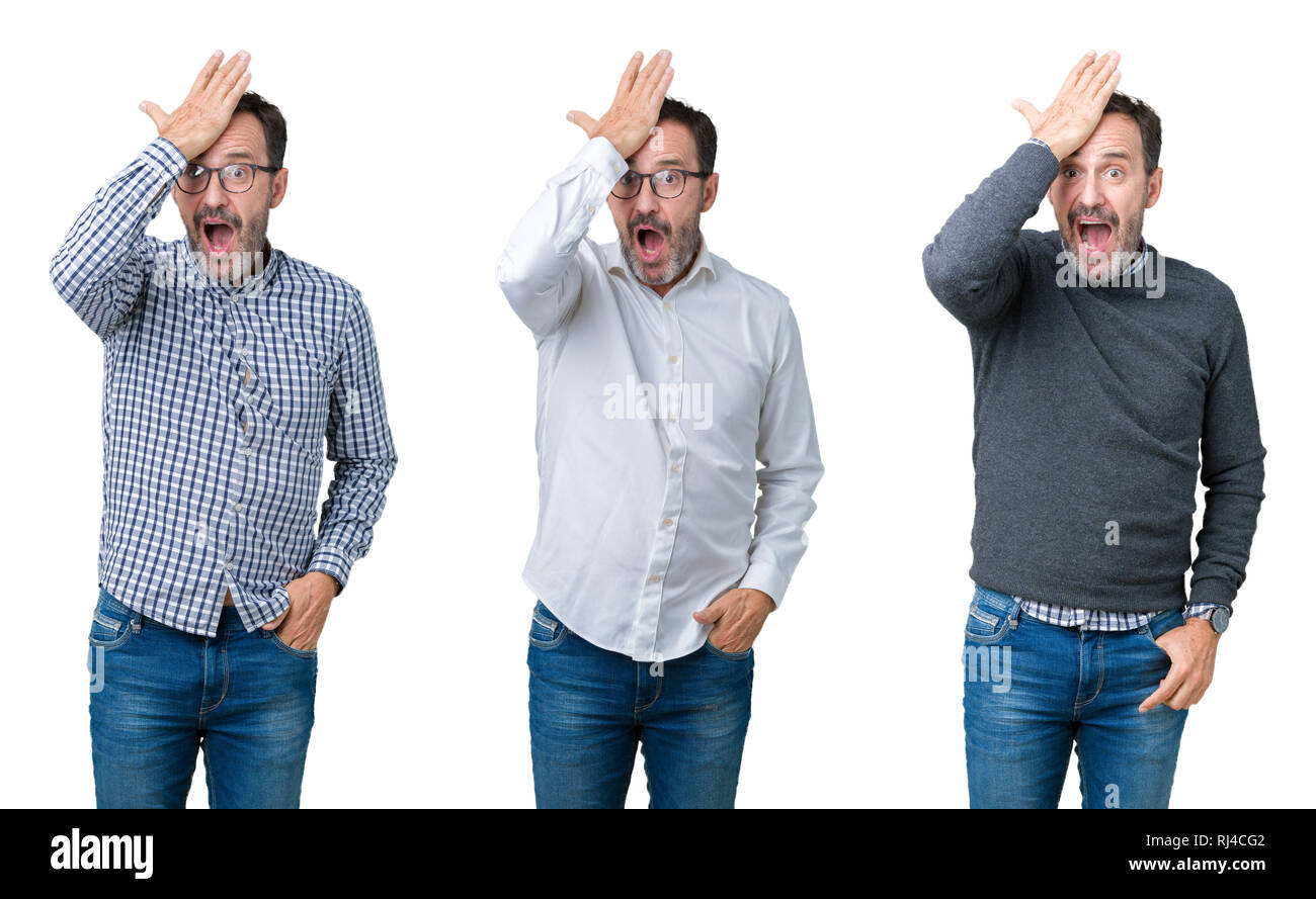 Collage of handsome senior business man over white isolated background ...