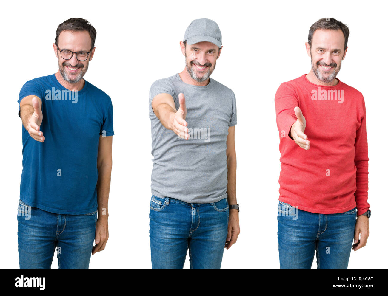 Collage of handsome senior man over white isolated background smiling ...