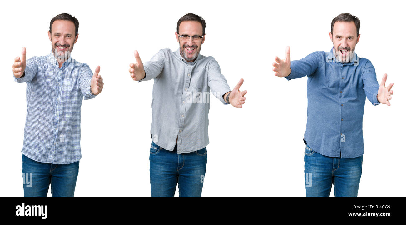 Collage of handsome senior business man over white isolated background ...