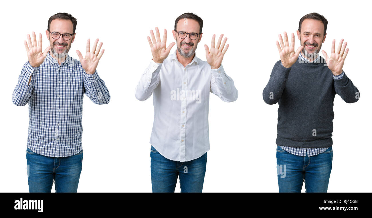 Collage of handsome senior business man over white isolated background ...
