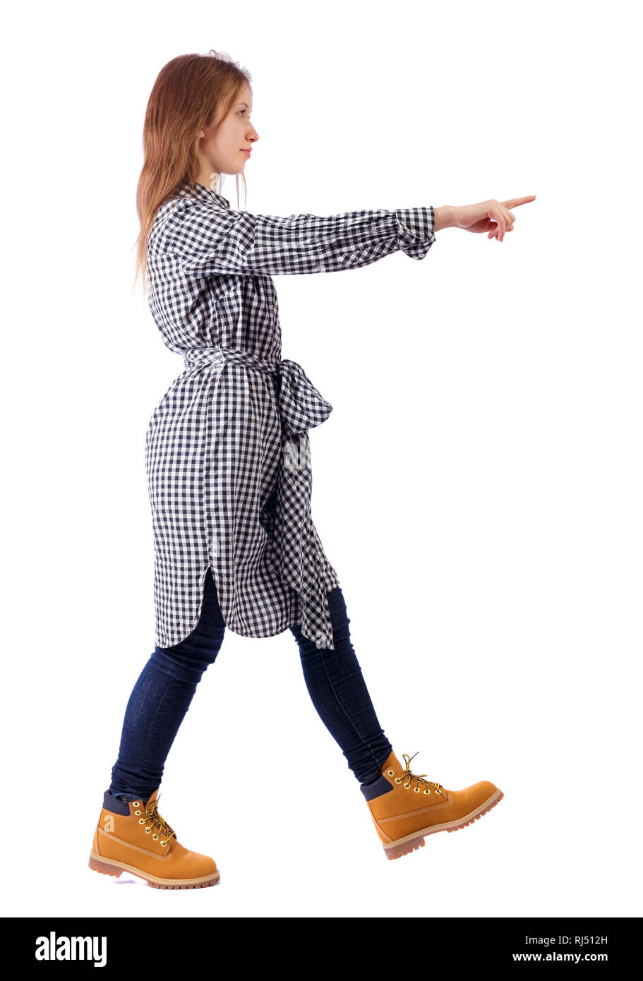 Side view of a girl walking with a pointing hand. going girl showing ...