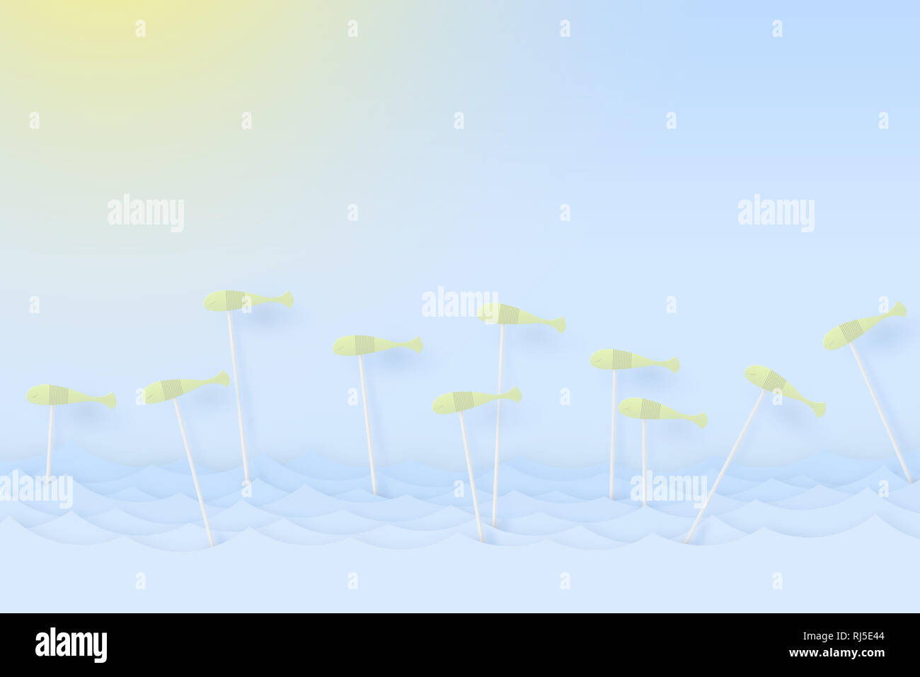 Illustration of green fish with eyes closed on sticks flying over the ...