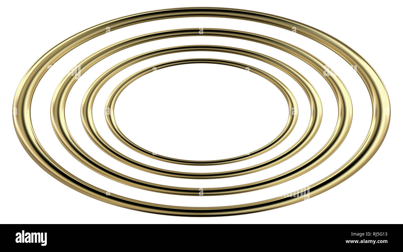3D rendering of four concentric reflective golden ellipses, on white ...