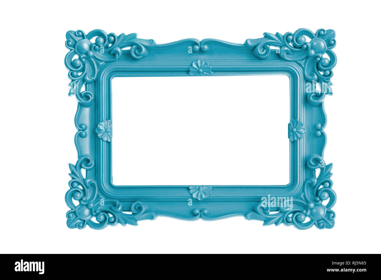 Modern plastic bright blue picture frame with antique styling isolated ...