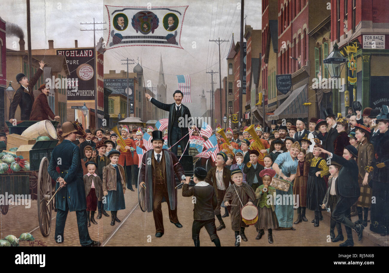 Parade with banner showing head-and-shoulders portraits of Grover ...
