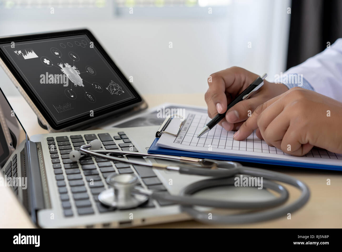 Health care writing prescription Doctor working modern virtual screen ...