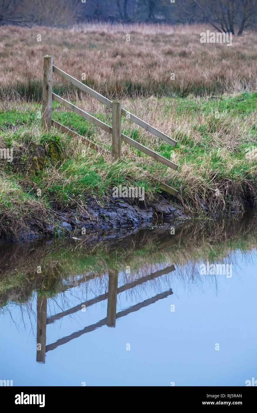 Fence reflected in a drainage ditch Shapwick Heath National Nature ...