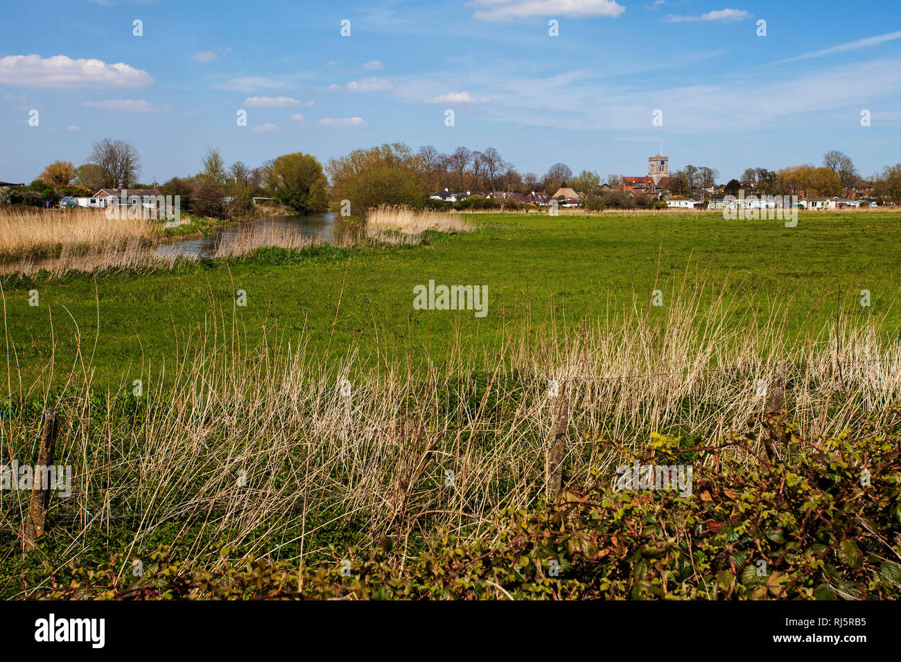 Water meadows beside the River Avon with housing and the church of St ...