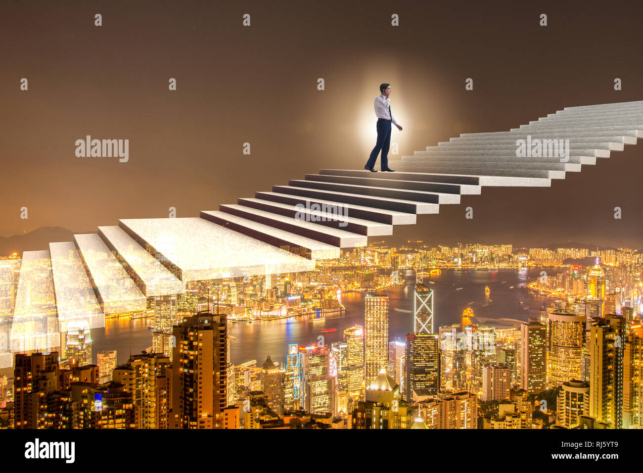 Businessman climbing career ladder over city Stock Photo - Alamy