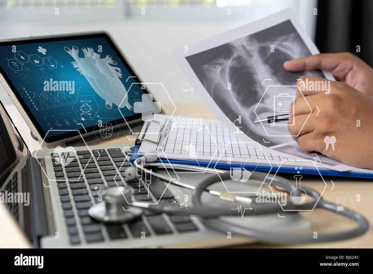 Health care writing prescription Doctor working modern virtual screen ...