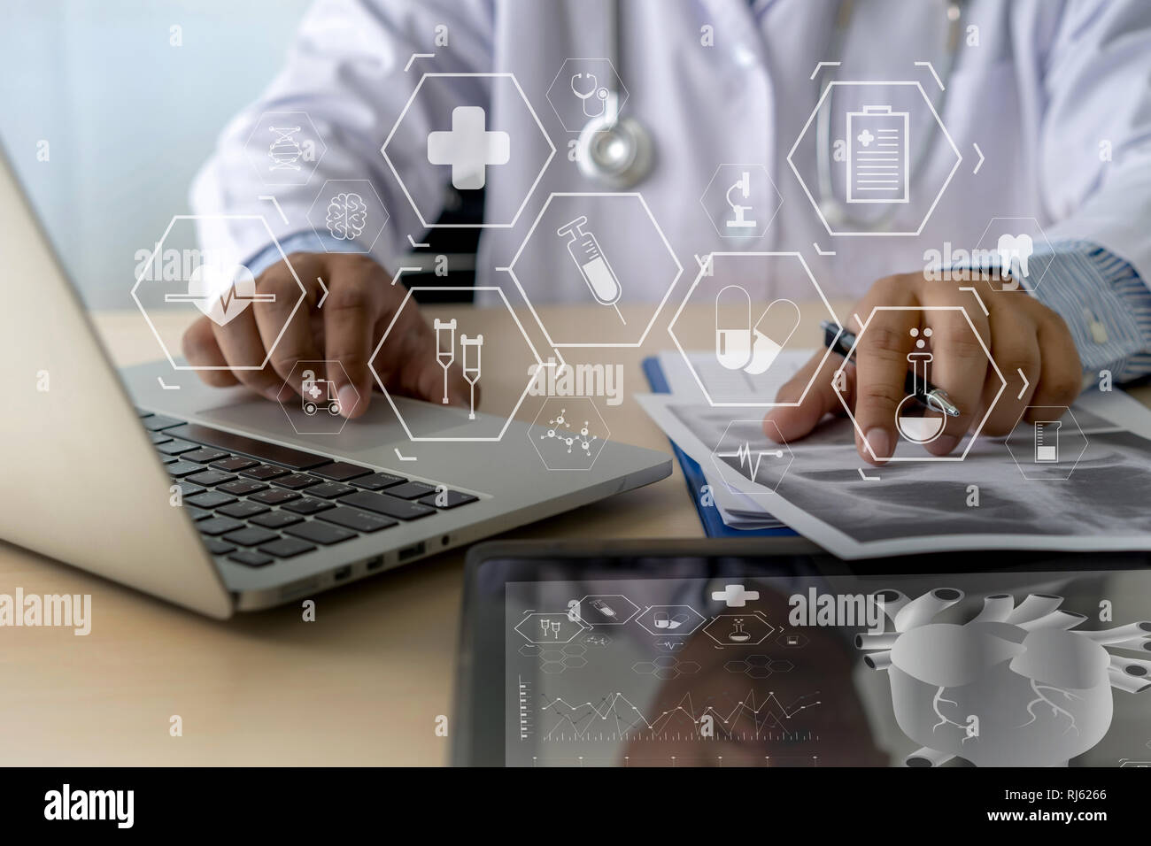 Health care writing prescription Doctor working modern virtual screen ...