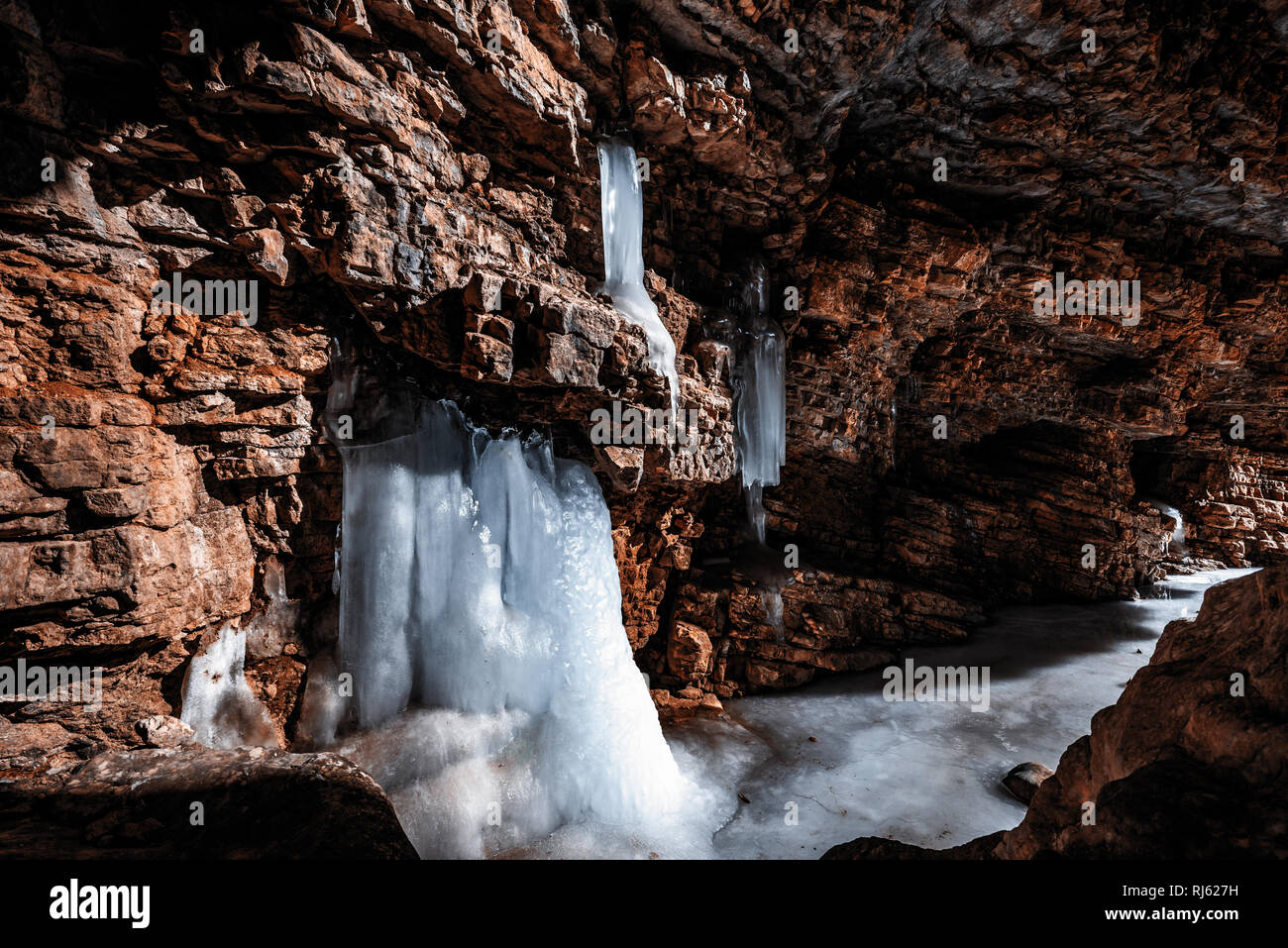 Frozen waterfall in a mountain gorge Stock Photo - Alamy