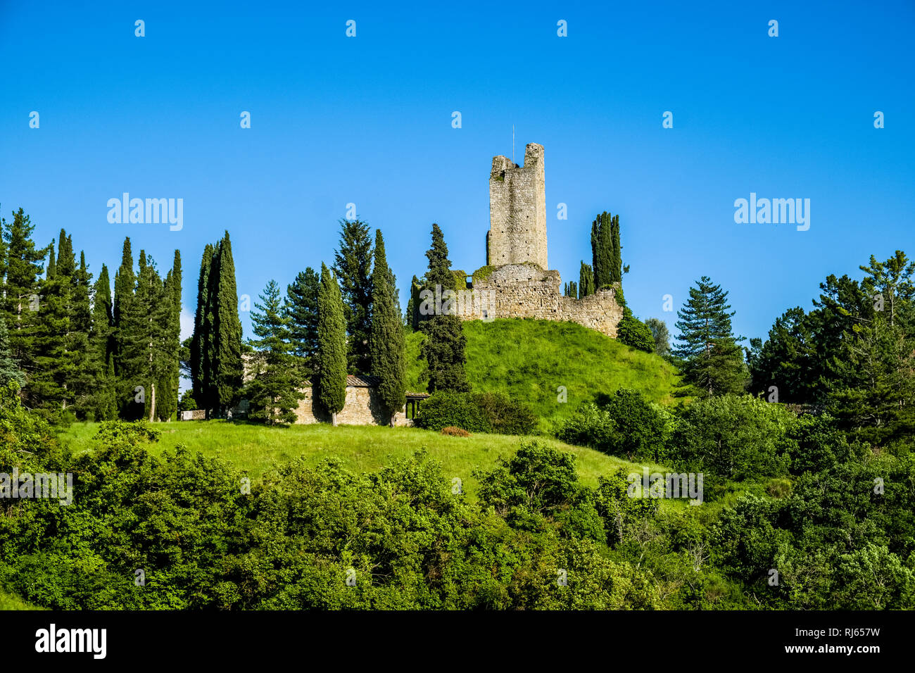 Castello di Romena located on top of a hill, framed by cypresses Stock ...