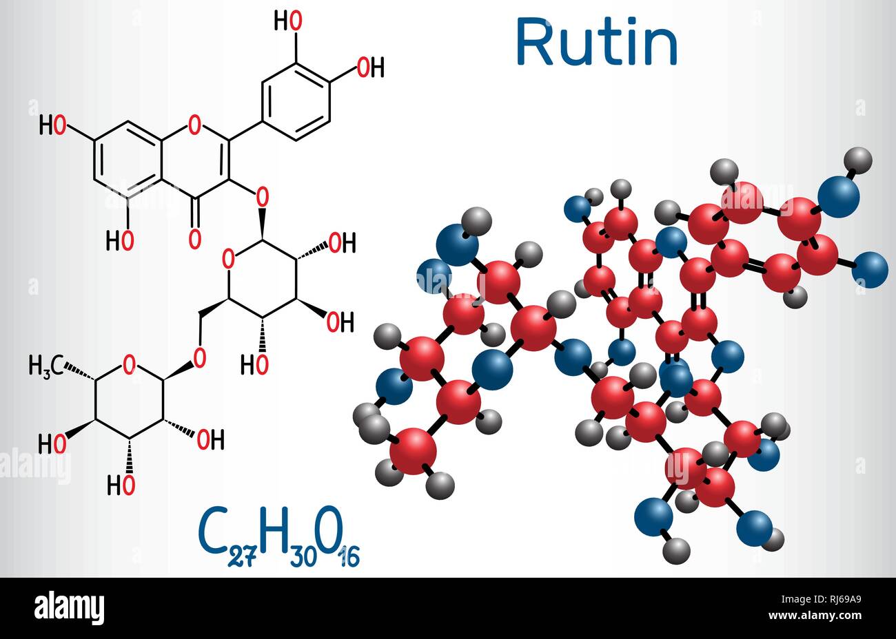 Rutin molecule (vitamin P). Structural chemical formula and molecule ...