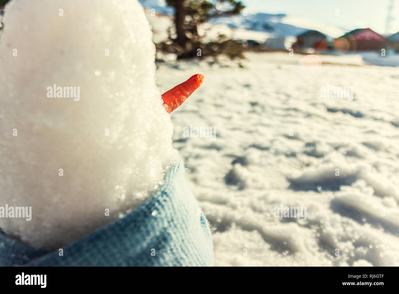 Snowman from behind with nose carrot and buildings at the background ...
