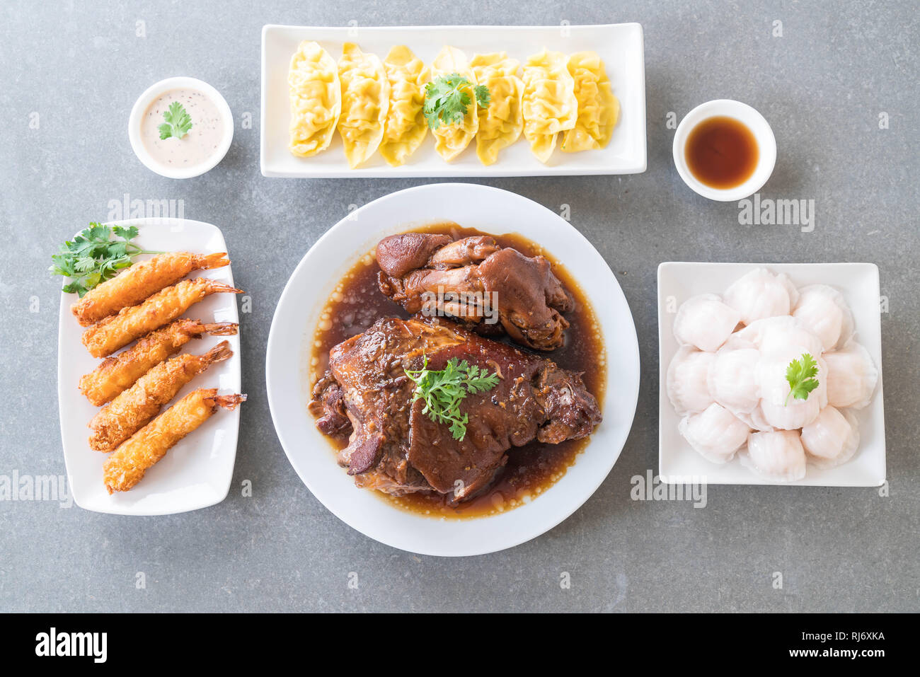 Stewed pork leg in gravy soup, Steamed shrimp dumplings dim sum and ...