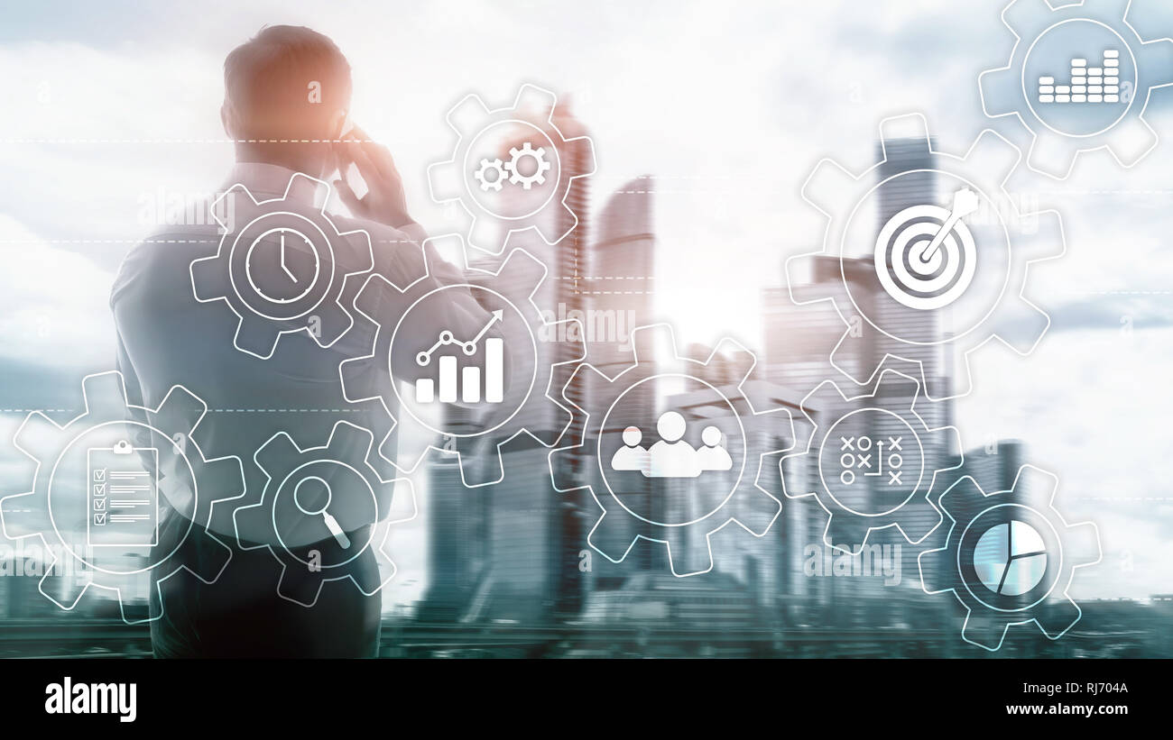 Business process automation concept. Gears and icons on abstract ...
