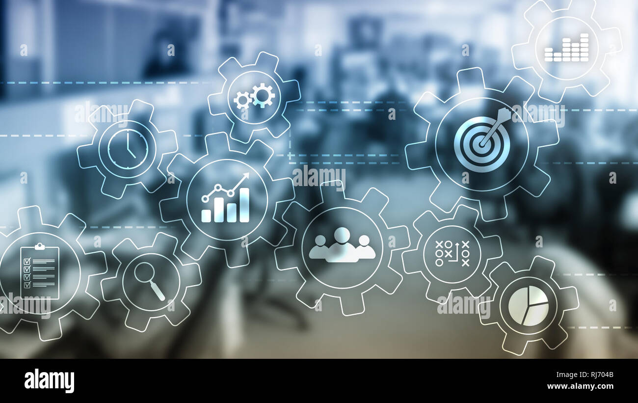 Business process automation concept. Gears and icons on abstract ...