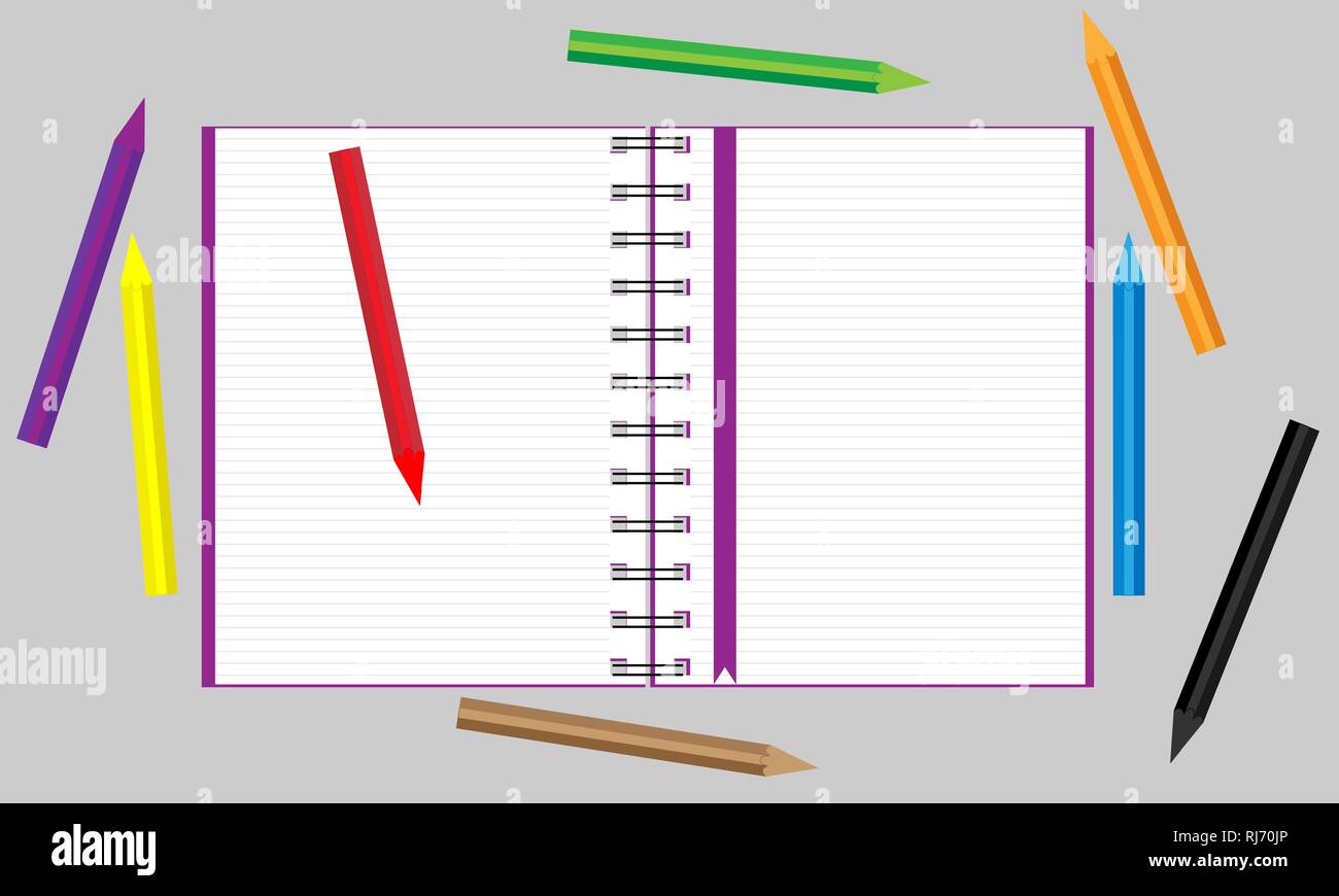 Open notebook with scattered colored pencils. Vector illustration Stock ...