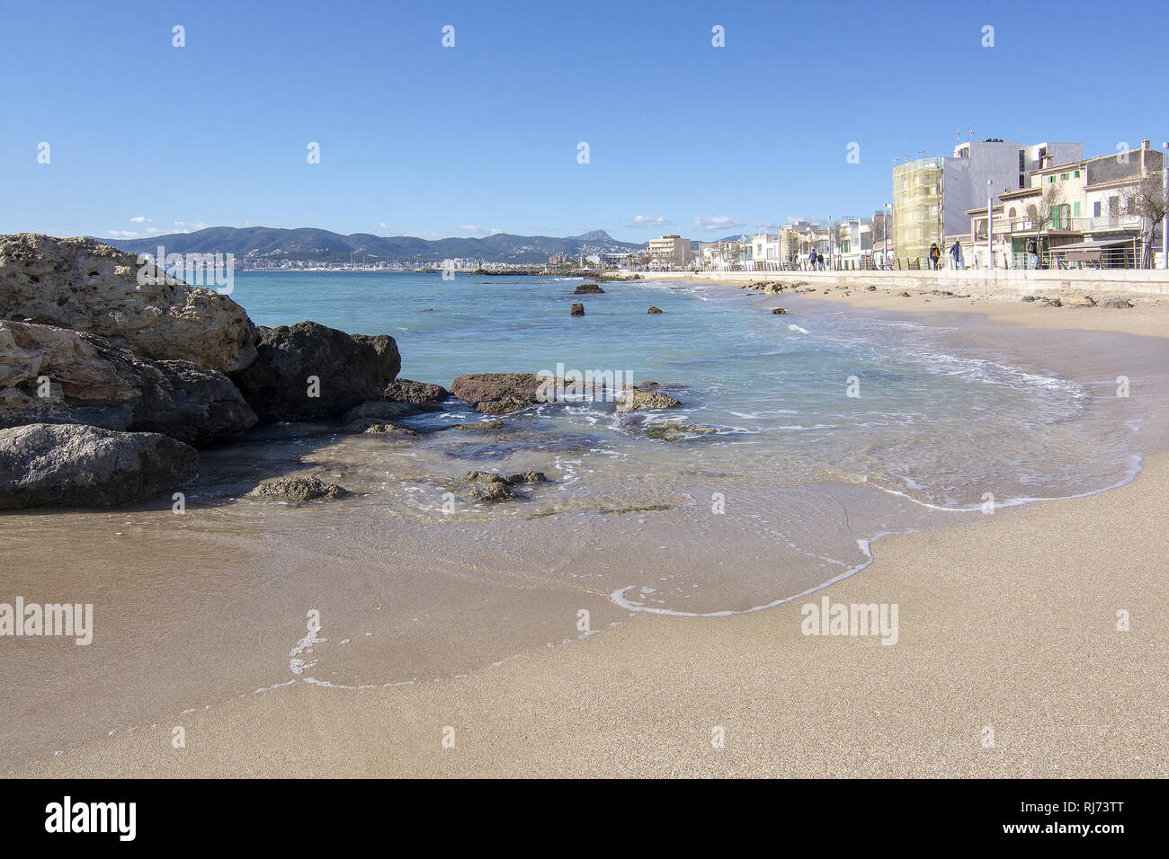PALMA DE MALLORCA, SPAIN - FEBRUARY 4, 2019: Beautiful sandy beach near ...