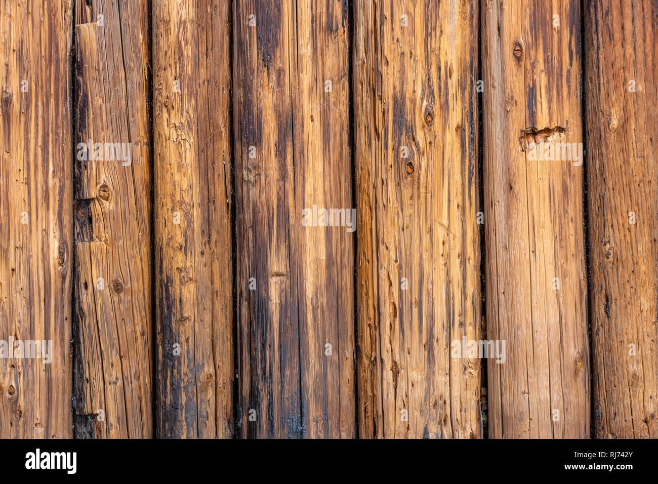 Weathered timber log fence with traces of sand and resin, background ...