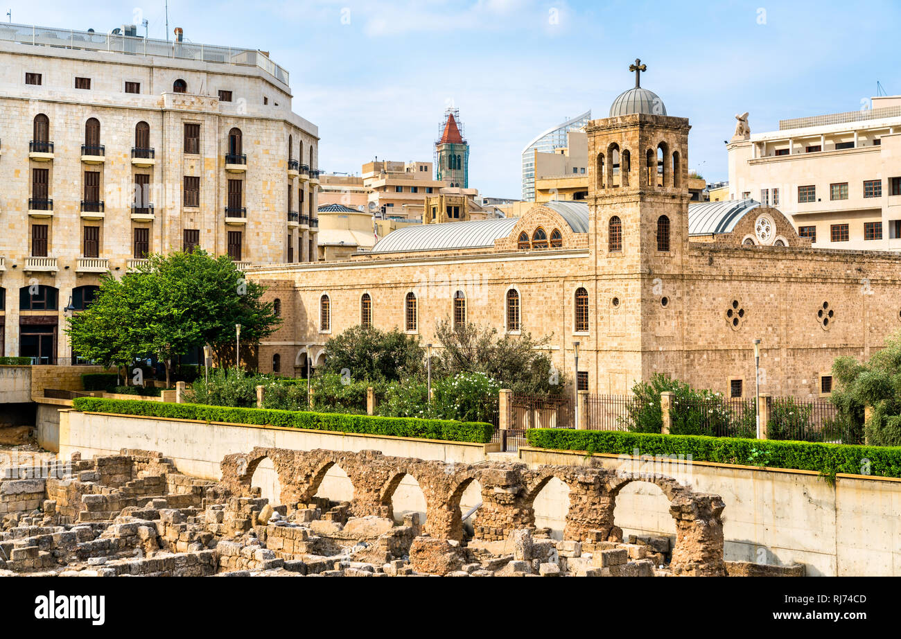 Antique ruins and Saint George Greek Orthodox Cathedral in Beirut ...
