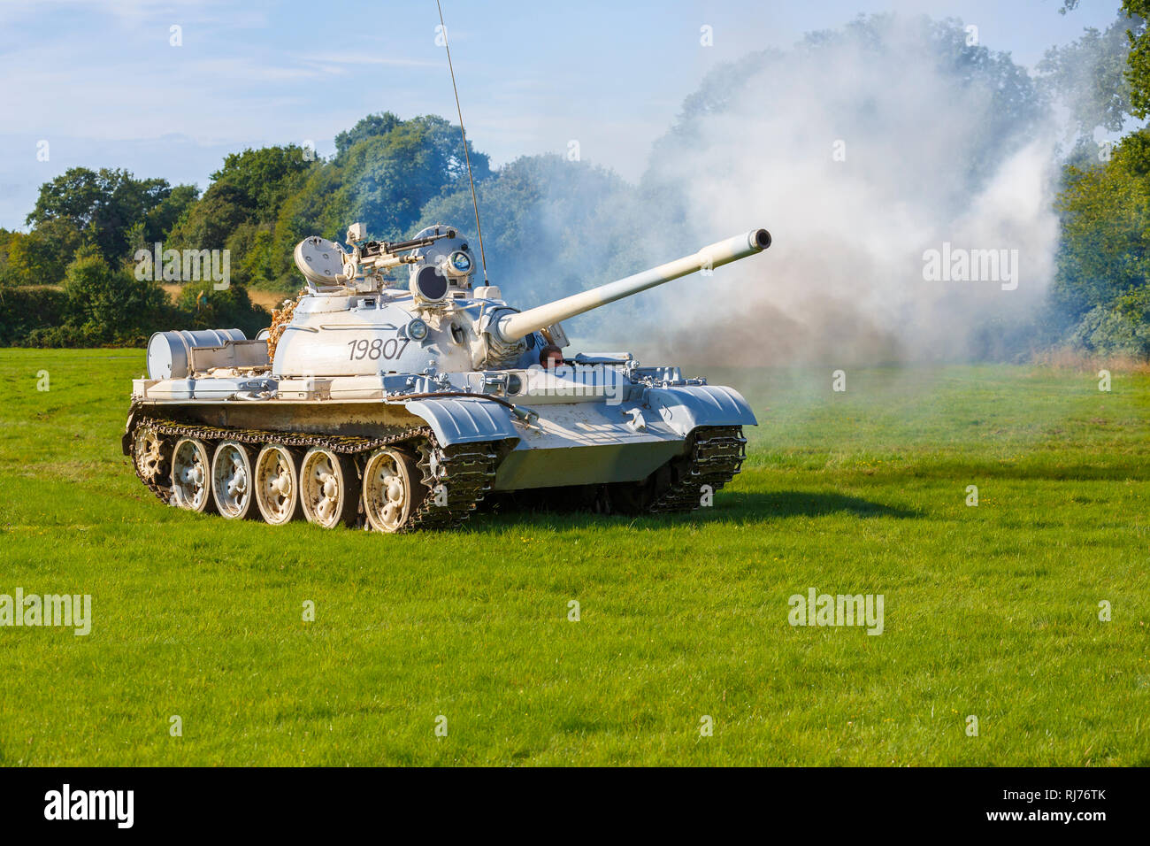 T55A battle tank in motion and emitting smoke, ex Slovakian army ...