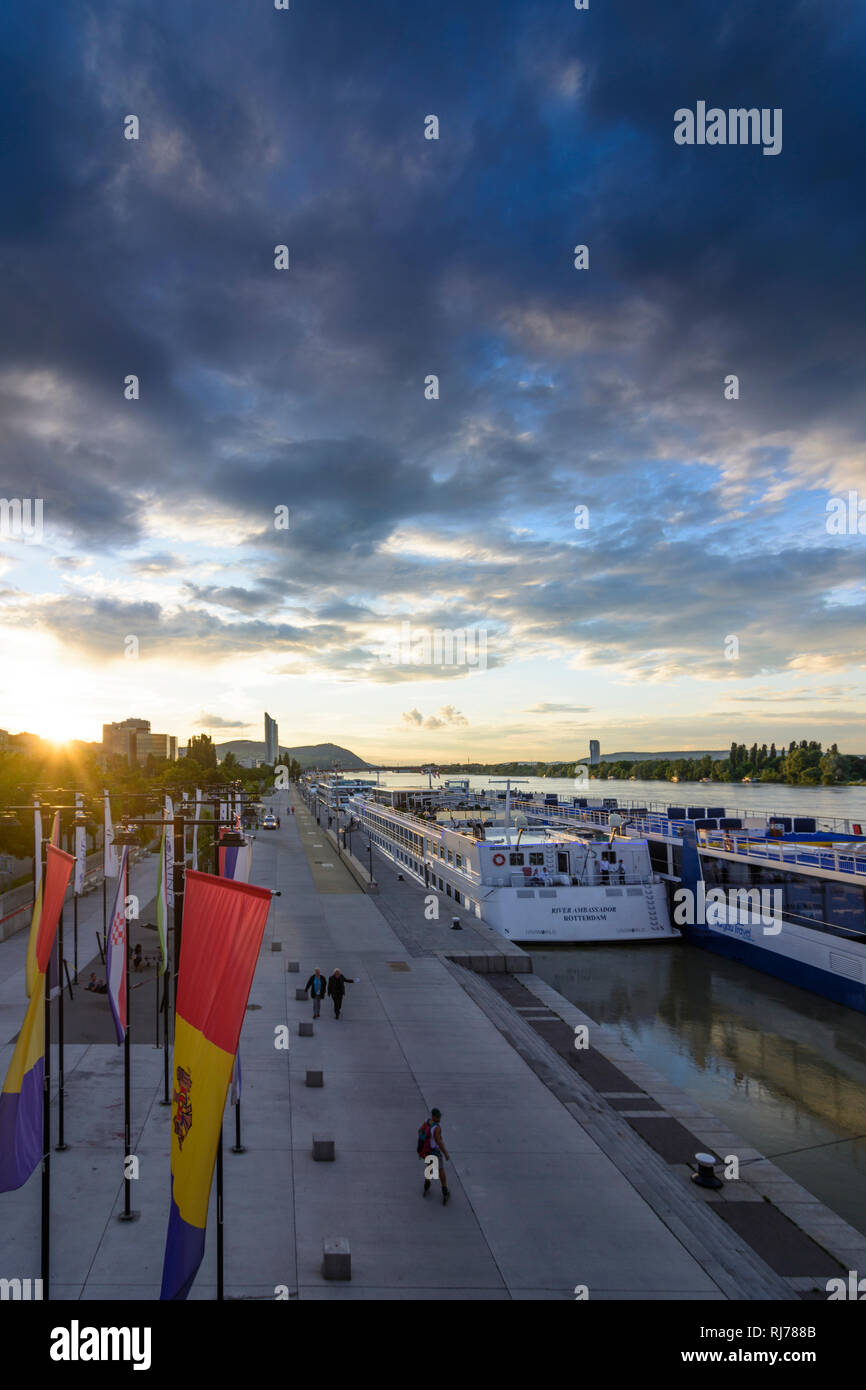 Cruise ships in the harbor on the Danube, view Kahlenberg (Vienna Woods ...